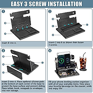 Black Solid Wood Phone Docking Station for up to 3 Phones - Nightstand Organizer for Men & Women Holds Multiple Phones, Tablets, Apple Watch & More - Neatly Stores Keys, Rings, Glasses & EDC