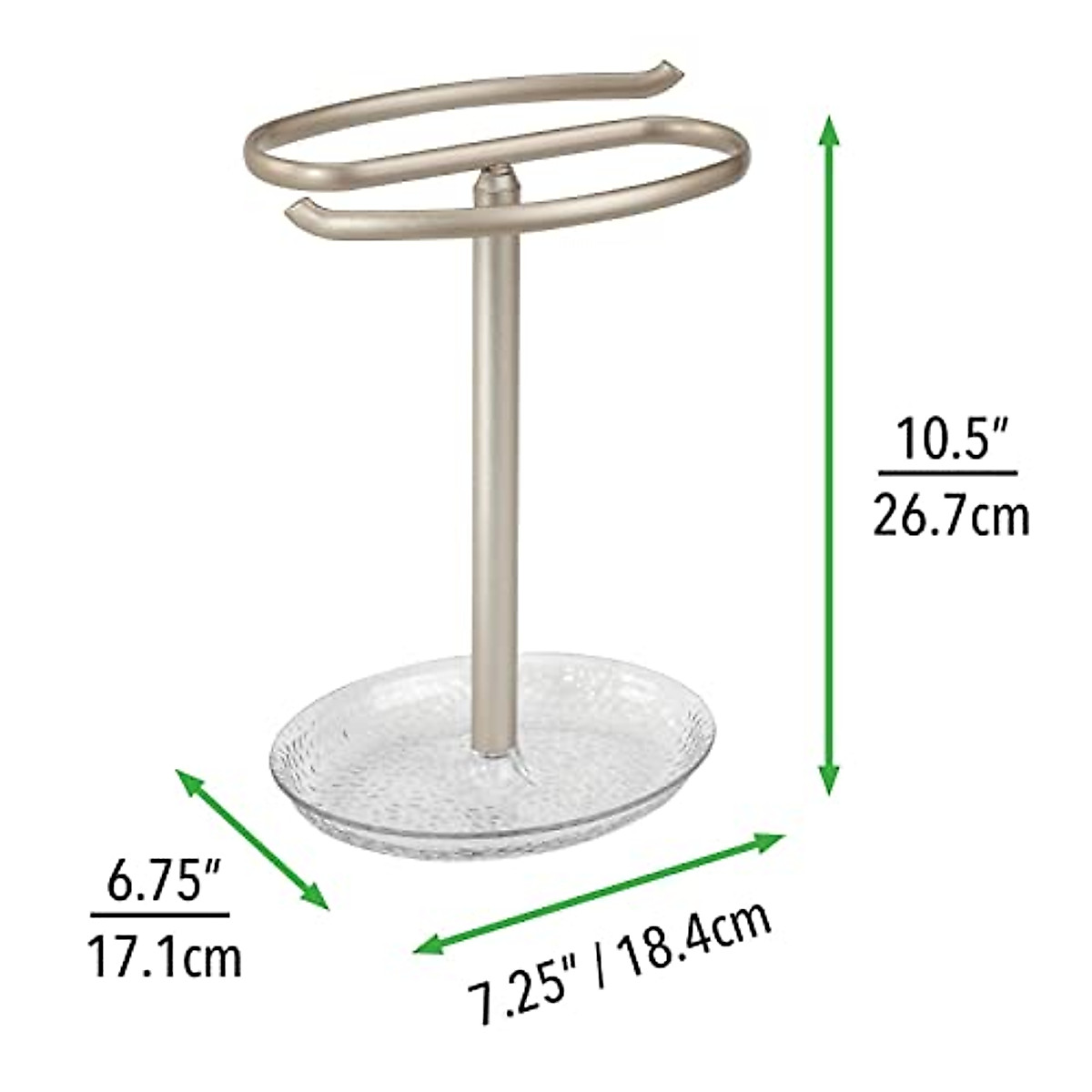 mDesign Steel Fingertip Towel Rack Stand with Base Tray - Towel Holder, Towel Bar for Bathroom, Kitchen, Powder Room - Holds Hand Towel, Washcloths - Rain Collection - Clear/Satin