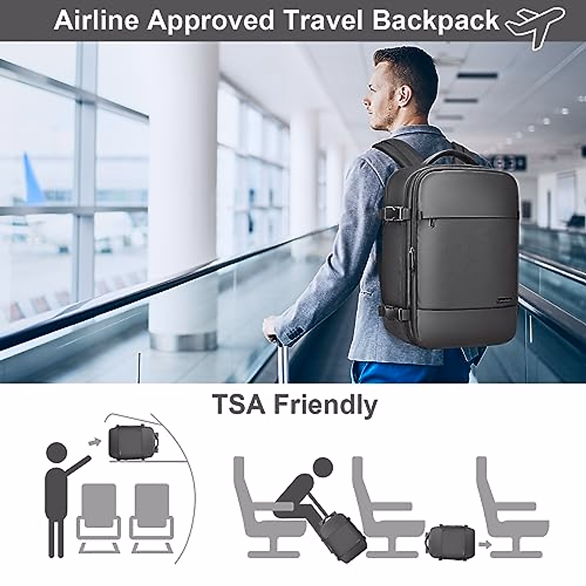 Carry On Backpack Flight Approved,Travel Backpack for Men Women with USB Charging Port Shoe Compartment,Waterproof Anti-theft 15.6 inch Laptop Backapck Computer Bag Business Causal Weekender Backpack