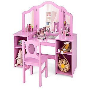 INFANS Kids Vanity, 2 in 1 Princess Makeup Desk & Chair Set with Tri-Folding Detachable Mirror, Large Storage Shelves, Wooden Pretend Play Dressing Table for Girls