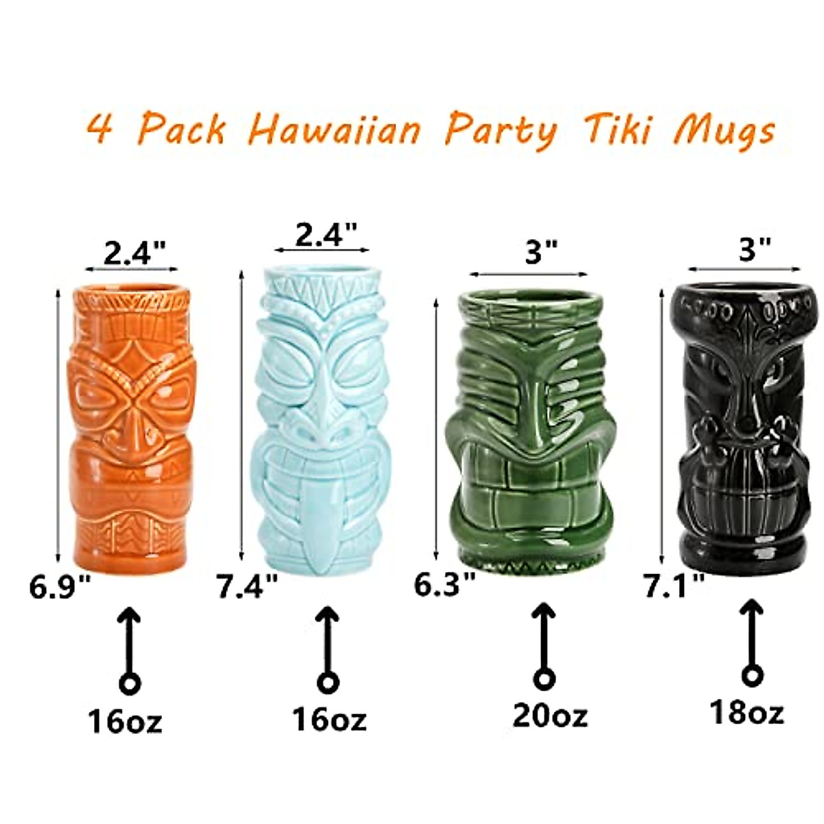 Peohud 4 Pack Ceramic Tiki Mugs, Hawaiian Party Mugs, 20/18/16 Oz Exotic Cocktail Glasses, Tiki Drinking Tumbler Cups for Mai Tai, Pina Colada, Tiki Bar Professional Barware