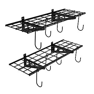 FLEXIMOUNTS Garage Wall Shelving, 2-Pack 1x3 ft, Includes 8 Bike Hooks, Wall Shelf Garage Organization System w/Bike Hangers, Garage Storage Rack, Floating Shelves, 300 lbs Weight Capacity