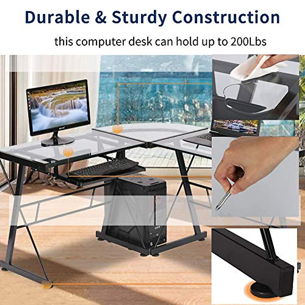 Reversible L-shaped Computer Corner Desk, Modern Toughened Glass L Shaped Round Corner Desk with Keyboard Tray & CPU Stand, PC Laptop Writing Gamer Workstation for Home Office Small Spaces (Clear)