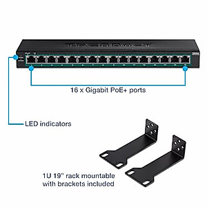 TRENDnet 16-Port Gigabit PoE+ Switch, TPE-TG160H, 123W PoE Power Budget, 32 Gbps Switching Capacity, Desktop Switch, Ethernet Network Switch, Metal, 1U 10" Rack Mountable, Lifetime Protection