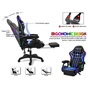 Gaming Chair with LED Lights and Speakers, Ergonomic Pro Video Game Chair with Massage and Footrest, for Adults, Teens, and Kids - Perfect for Gaming, Office, and Working. (Black)