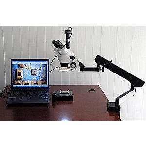 AmScope SM-6TZ-FRL-5M Digital Professional Trinocular Stereo Zoom Microscope, WH10x Eyepieces, 3.5X-90X Magnification, 0.7X-4.5X Zoom Objective, 8W Fluorescent Ring Light, Clamping Articulating Arm Stand, 110V-120V, Includes 0.5X and 2.0X Barlow Lenses an