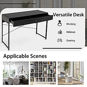Tangkula Computer Desk with 2 Drawers, 44" Study Writing Table w/Heavy-Duty Steel Frame & Reinforced Structure, PC Desk with Storage for Home Office (Black)