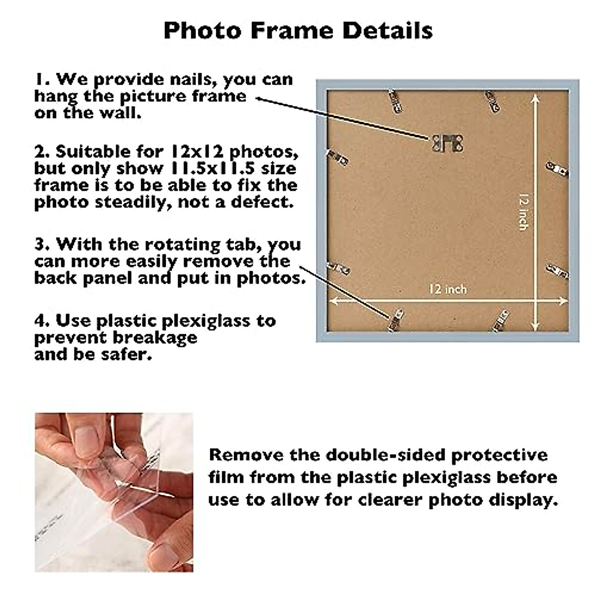 JCJMY 12x12 inch Picture Frame, Horizontal and Vertical Formats for Wall Hanging, 12 x 12 Wall Gallery Poster Photo Frame with Durable Shatter Resistant Plexiglass, Rustic White