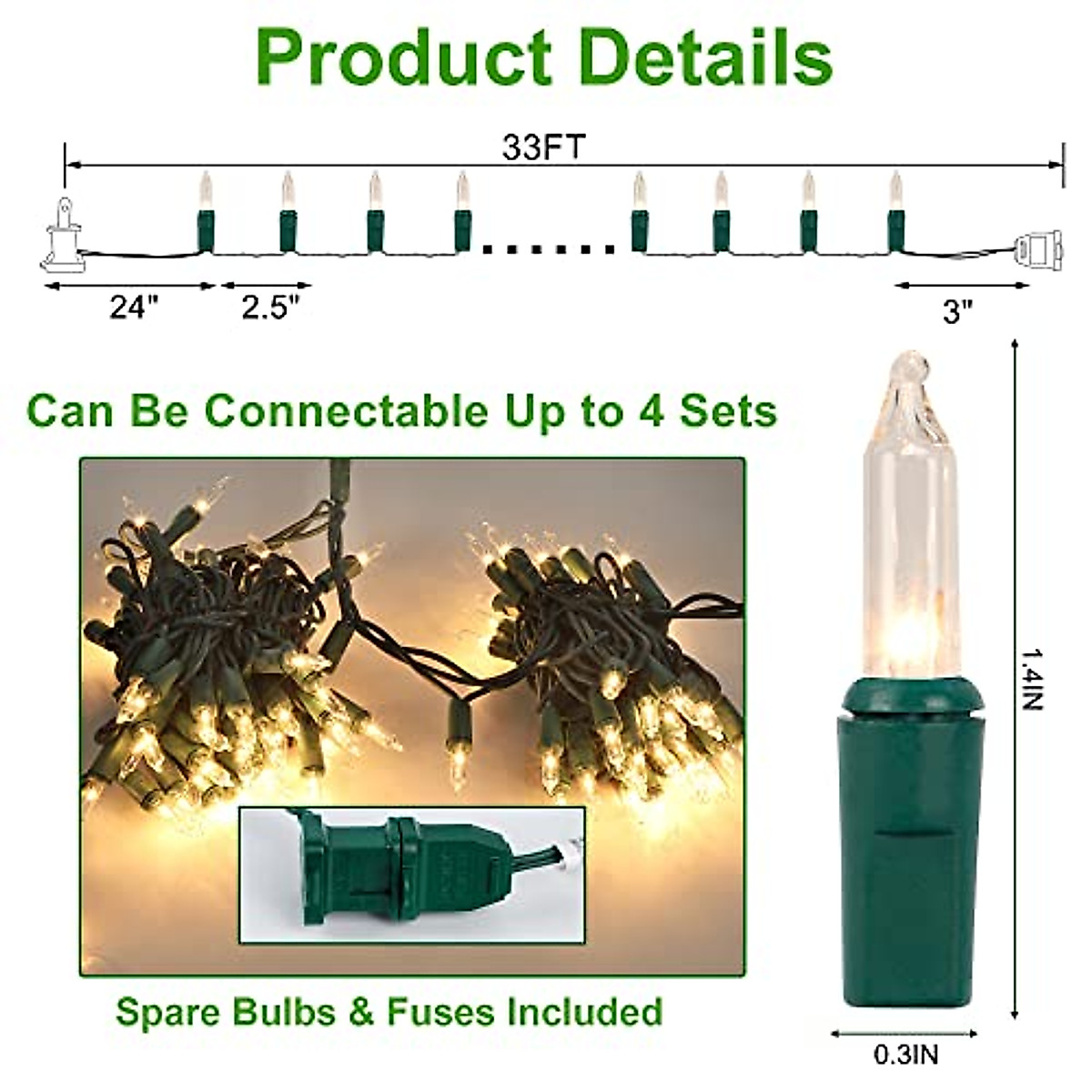 WATERGLIDE Christmas String Lights, 150 Lights 120V UL Certified Incandescent Clear Mini Green Wire Fairy Light, Xmas Tree Lights for Patio Wreath Garland Garden Outdoor Indoor Decoration