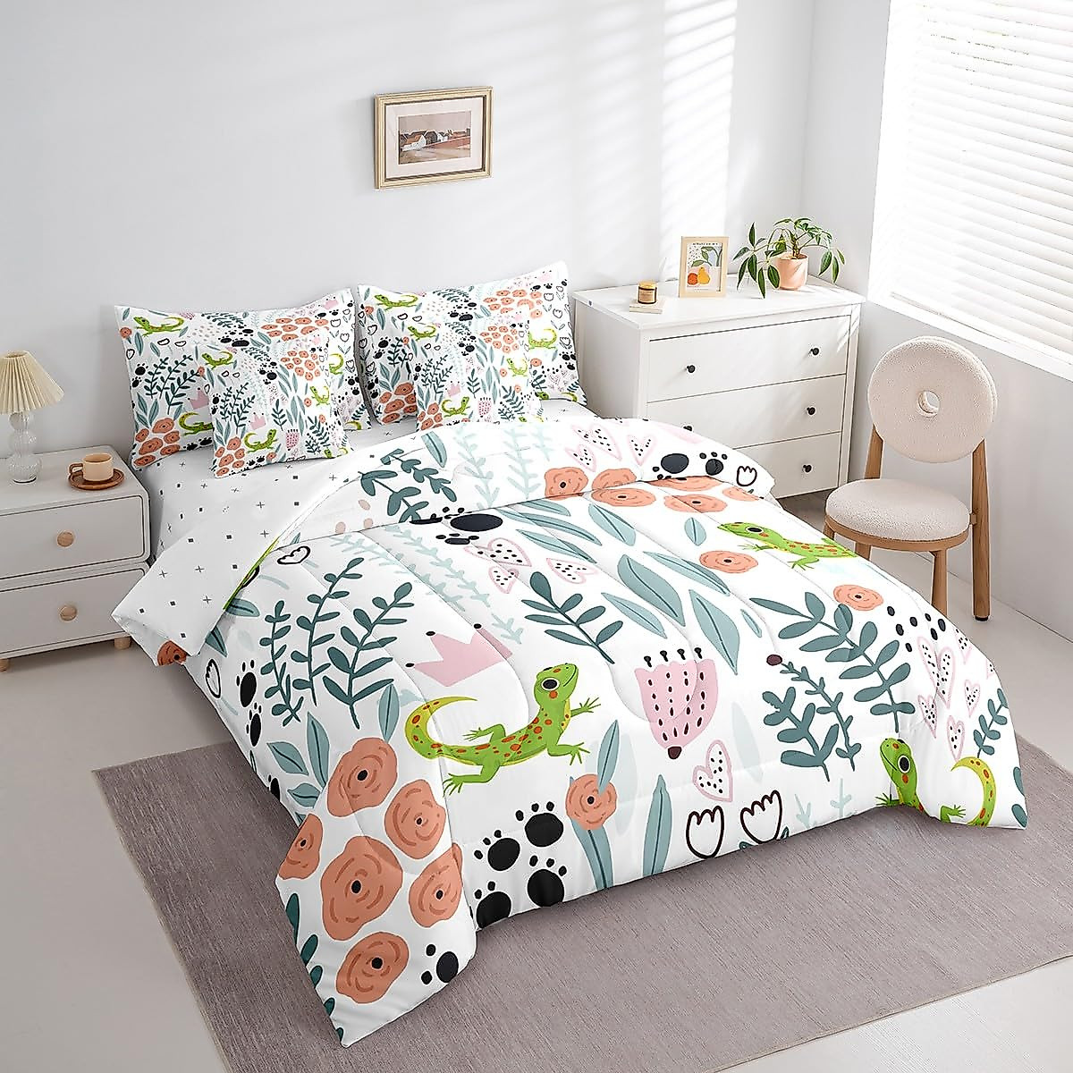 Erosebridal Reptile Kids Comforter Set Twin 7 Piece Lizard Gecko Print Bed in a Bag Wildlife Animal Room Decor,Green Leaf Pink Flowers Bedding Set with Fitted Sheet,Flat Sheet,Pillow Cases & Covers