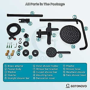 gotonovo SUS304 Outdoor Shower Fixture System Combo Faucet Set Single Handle High Pressure Hand Spray Wall Mount 2 Dual Function Matte Black Rainfall Shower Fixture