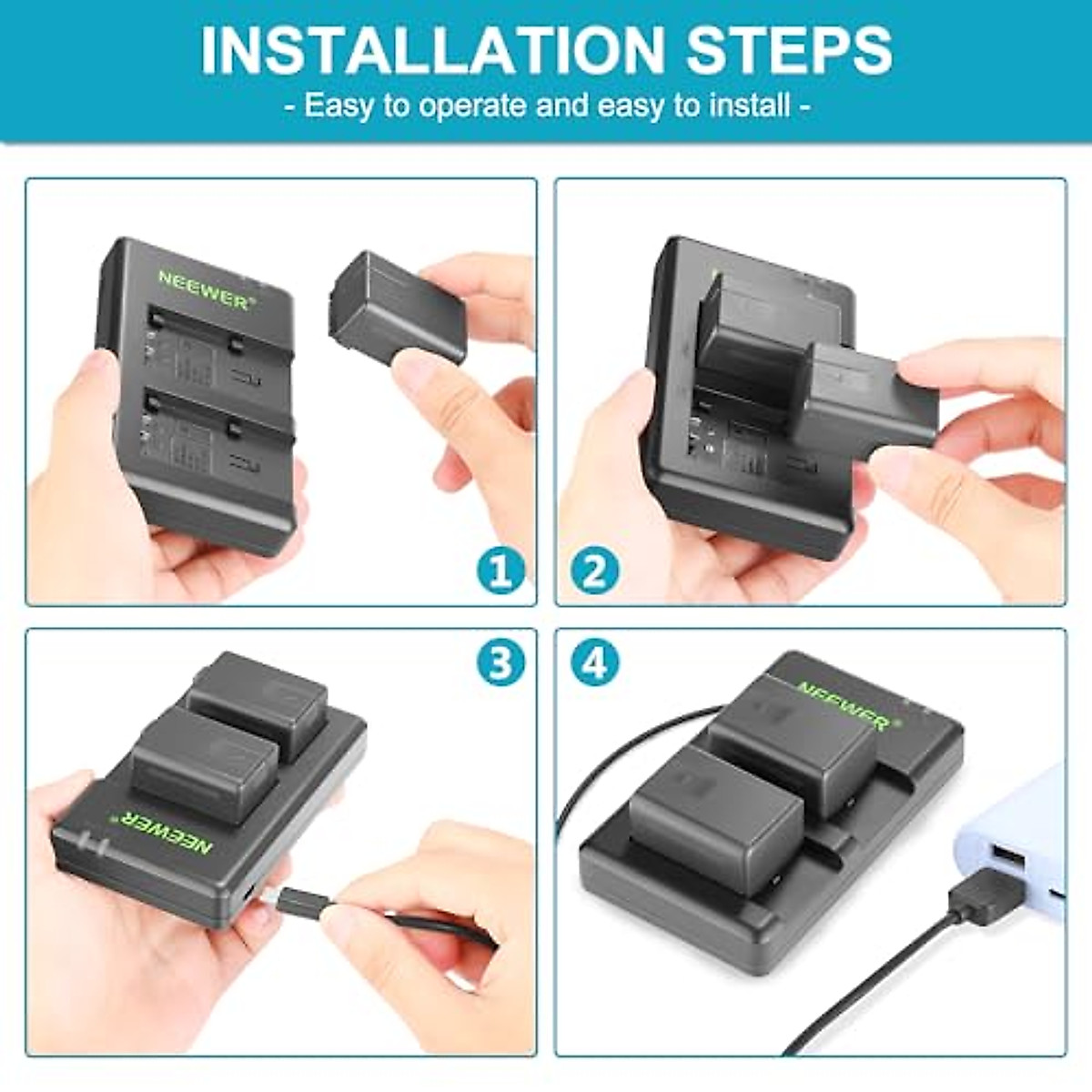 Neewer VW-VBT190 Battery (2-Pack/1950mAh) and Dual USB Charger Kit Compatible with Panasonic HC-V110 V130 V160 V180 HC-V201 V210 V250 HC-V380 HC-V510 V520 V550 HC-V710 V720 V750 V770 HC-VX870