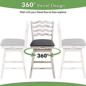 COSTWAY Bar Stools Set of 2, 25” 360° Swivel Counter Height Chairs with Rubber Wood Frame, Cushioned Seat, Ergonomic Backrest & Footrest, Wooden Upholstered Barstools for Kitchen Island (2, 25”)