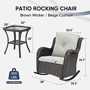 Belord Patio Rocking Chairs Bistro Set - Wicker Outdoor Rocking Chairs Set of 2 with Side Table, All Weather Rattan Rocker Seating Patio Furniture Set for Porch Balcony Garden Brown