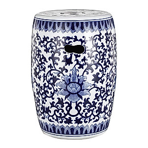 A & B Home Blue and White Asian Style Stool Indoor Multi Purpose Versatile Design Sturdy Glazed Porcelain Finish 11" x 11" x 16"