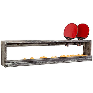 MyGift Wall Mounted Torched Wood Table Tennis Rack for Ping Pong Paddles and Balls Storage Shelf