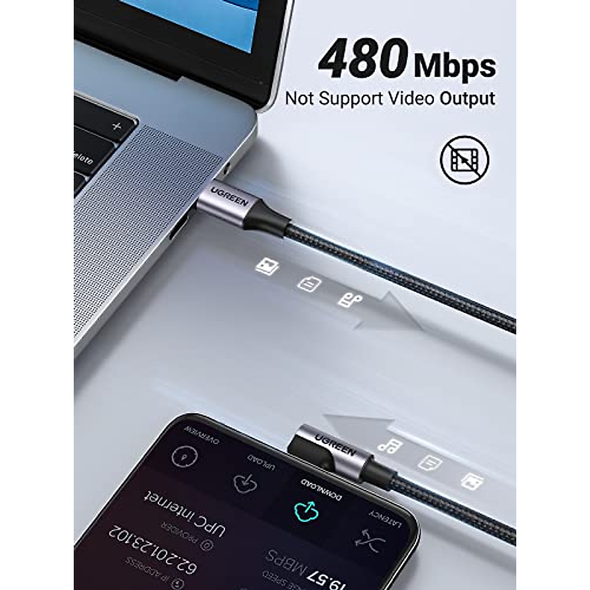 UGREEN 60W USB C to USB C Cable Right Angle USB C Fast Charging Cable Compatible with MacBook Pro/Air, iPad Pro/Mini/Air, Samsung Galaxy S23/S22/Z Fold/Z Flip, Google Pixel, Switch, etc. 6.6FT