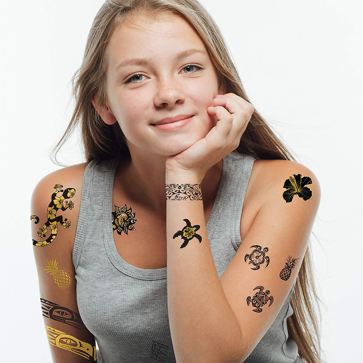FashionTats Polynesian Pack Temporary Tattoos (Pack of 11) | Black & Metallic Gold | Tribal Turtle - Hibiscus - Gecko - Tribal Sun | Skin Safe | MADE IN THE USA | Removable