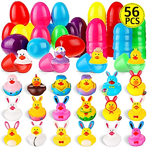 28 Sets Easter Eggs Filled with Rubber Duck, Plastic Egg Prefilled with Assorted Rubber Duck Multicolor Bunny Small Duck for Bathtub Toys, Easter Basket Stuffers and Party Favors, Class Prizes, 56 Pcs