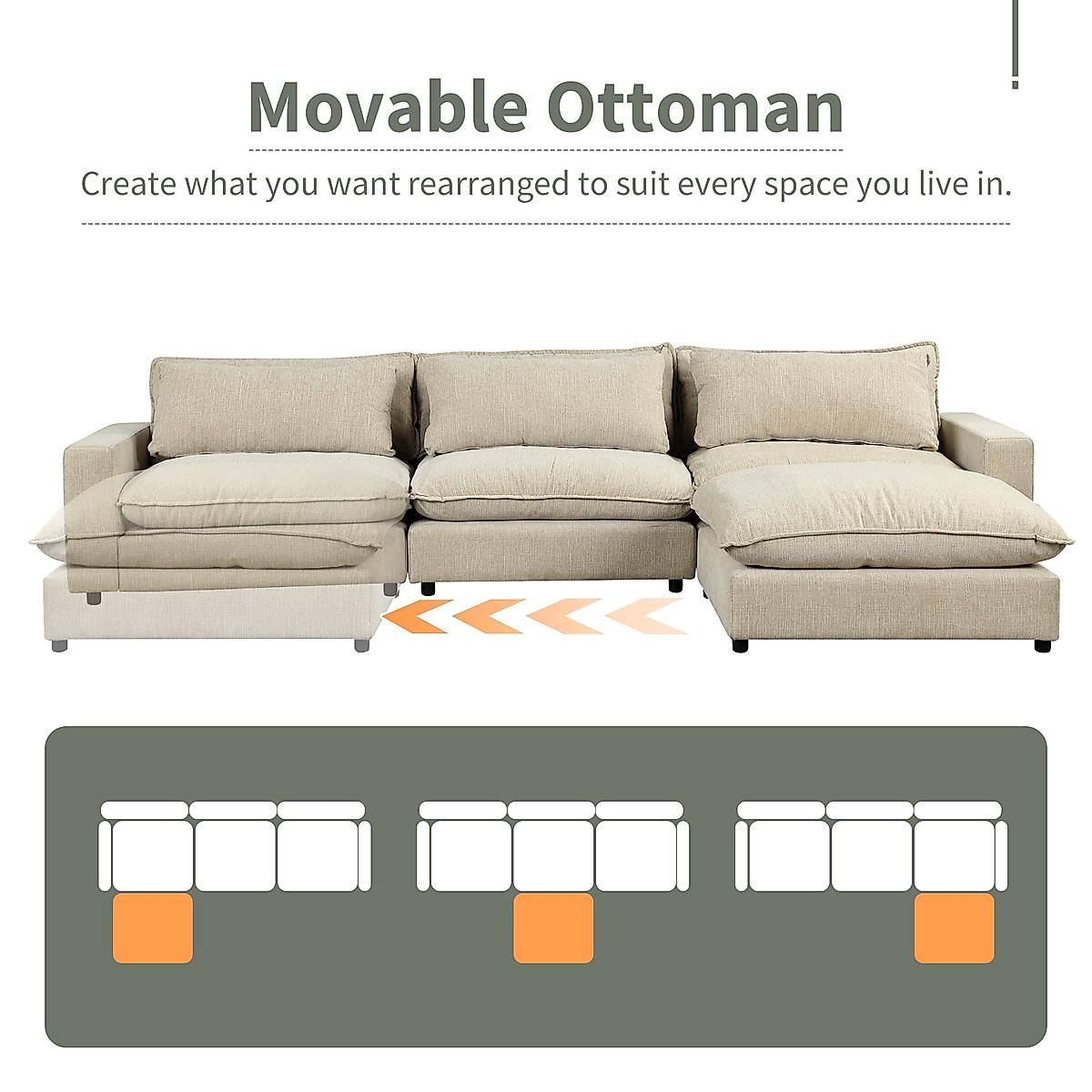 Merax 128" Sectional Sofa with Movable Ottoman and Soft Back Pillows, 4 Seat Sleeper Cloud Couch Set, L Shaped Convertible Chenille Upholstered SofaBed for Living Room, Apartments, Beige