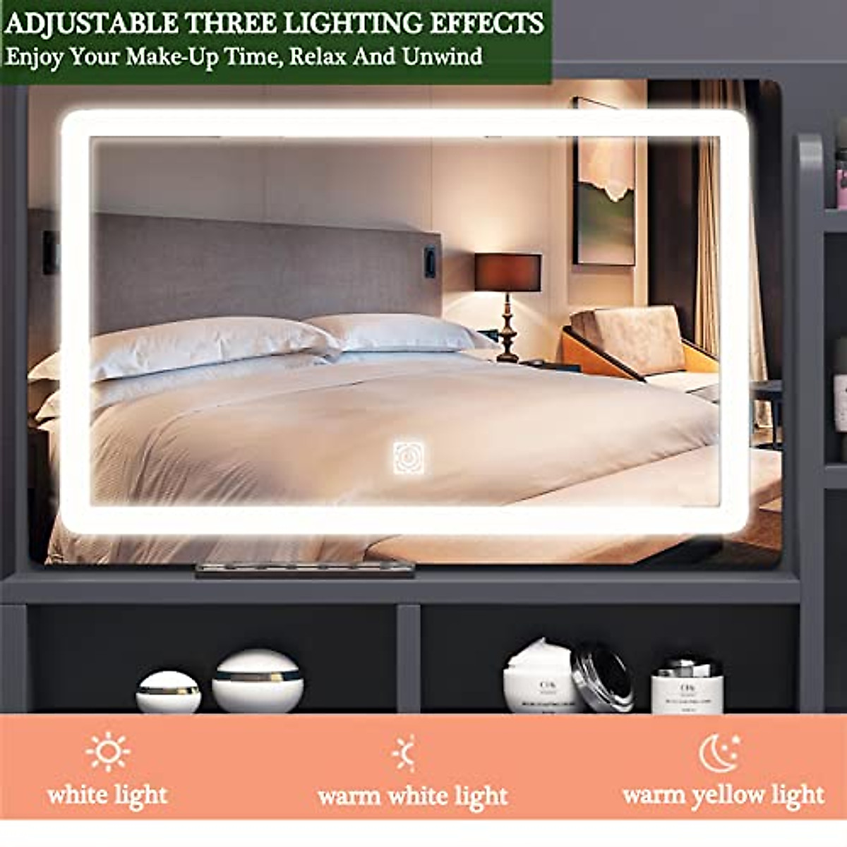 Vanity Desk with Mirror and Lights,Modern Makeup Vanity Set,Adjustable Led & Six Drawers & Five Storage Shelves & Vanity Stool Chair,Large Makeup Desk Dressing Table for Bedroom