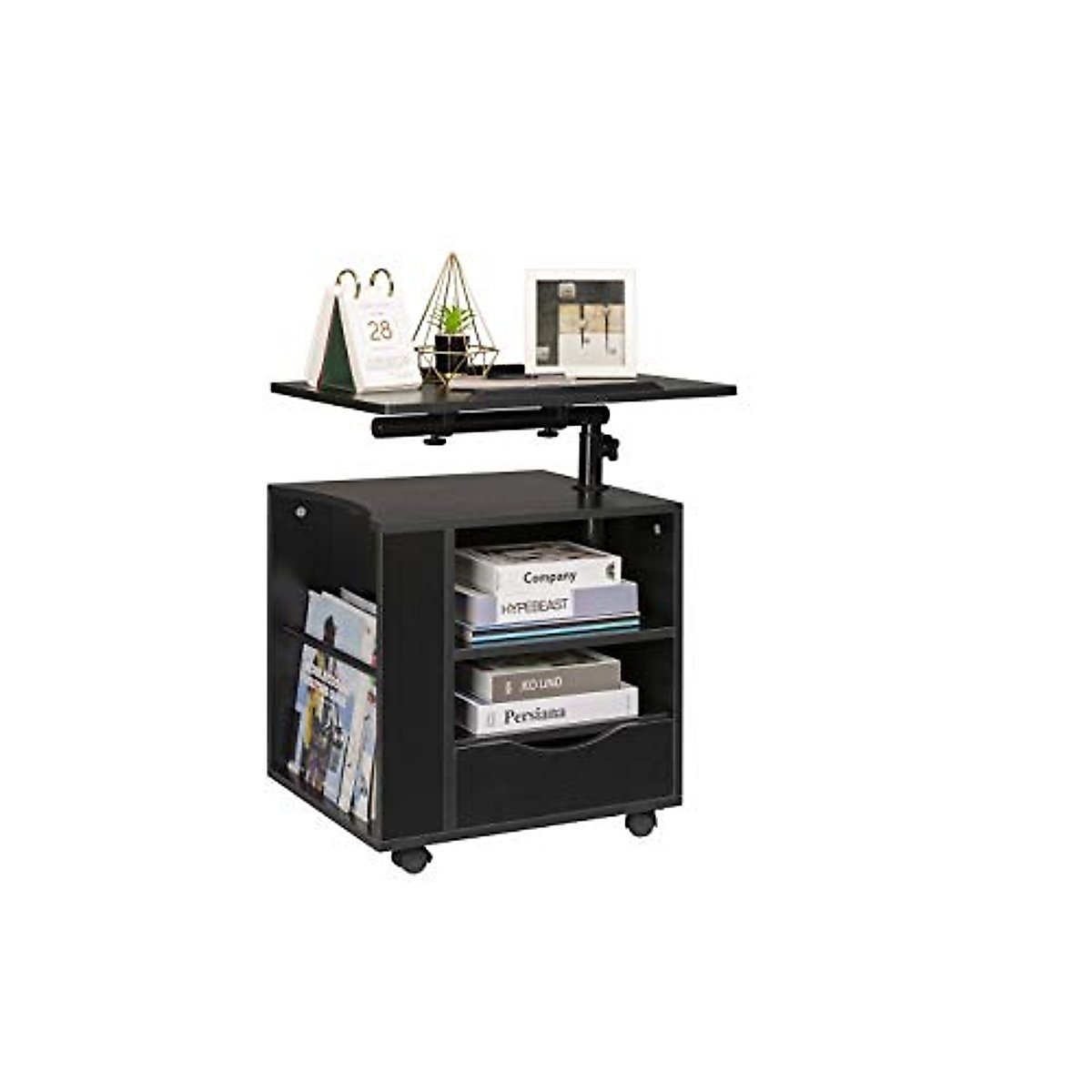SIDUCAL Multi-Functional Wooden Bedside Table Height Adjustable & 360 Rotation Table top Rolling Laptop Desk Computer Table，Nightstand with Drawers, Black (Right Side) …
