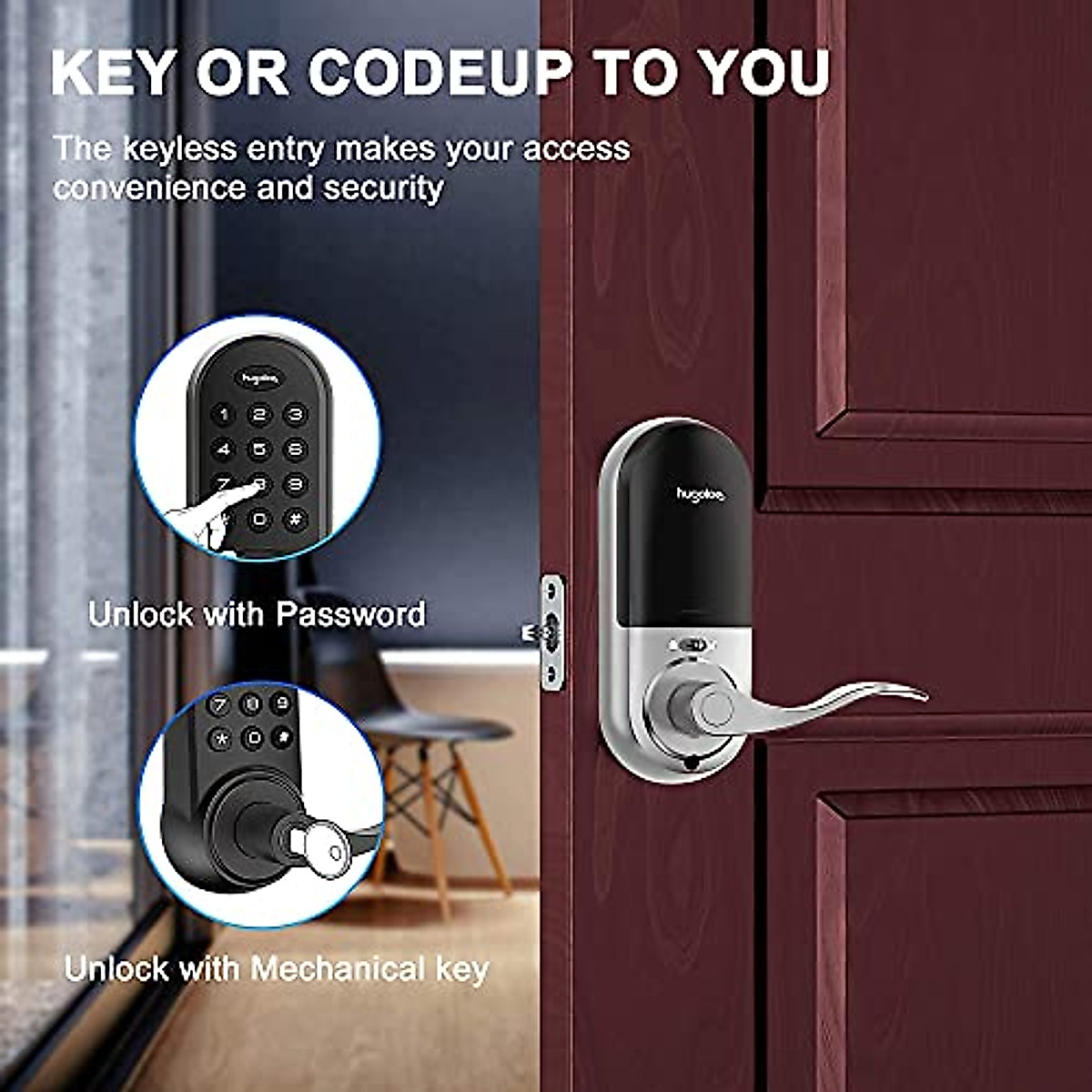 Hugolog Latchbolt Lock Electronic,Keyless Entry Door Lock, Keypad Door Lock with Handle, Easy to Install High Security Material for Metal Home & Office
