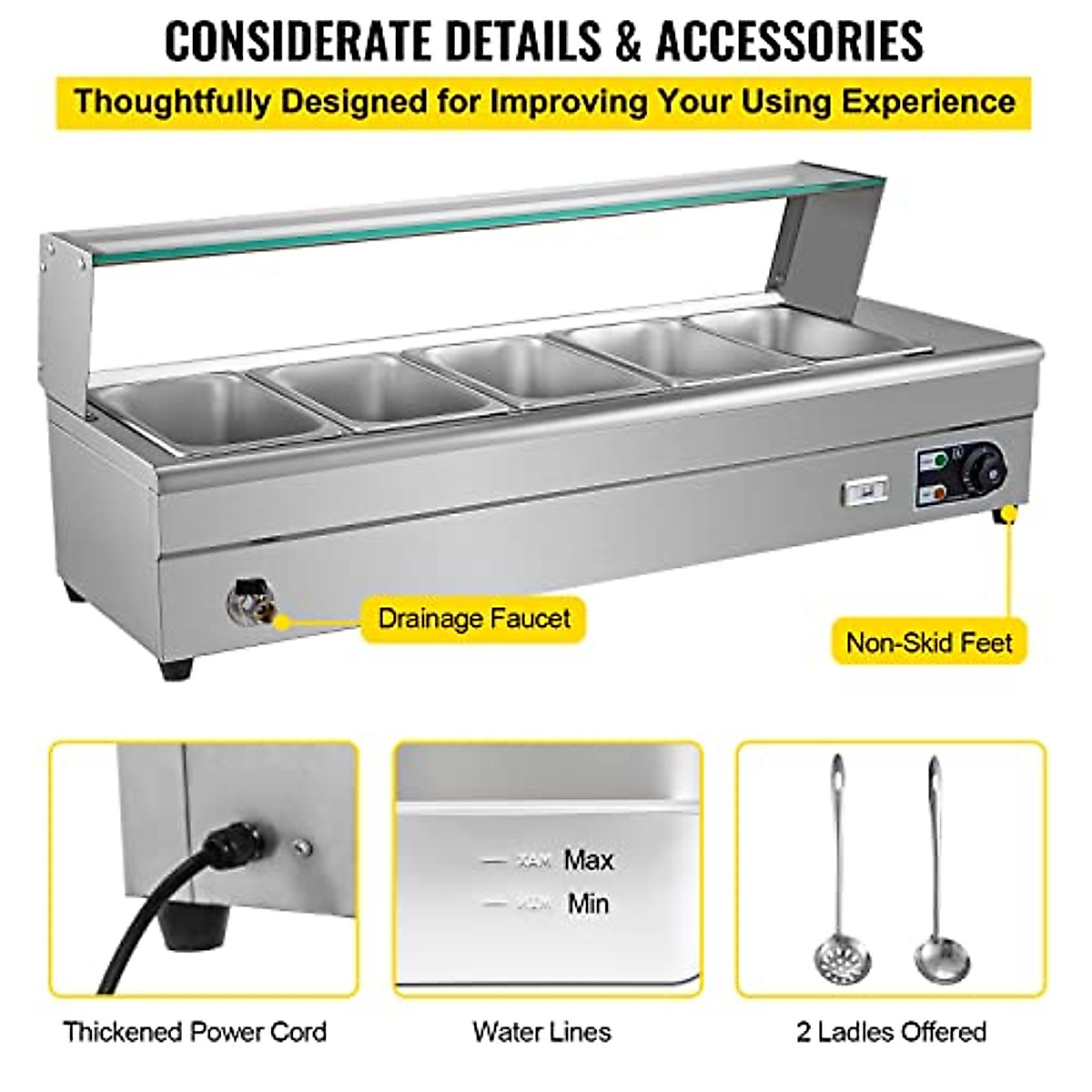 VEVOR Commercial Food Warmer, 5 x 1/2 Pans, 44 Qt Electric Bain Marie with 6" Deep Pans, Stainless Steel Steam Table with Tempered Glass Shield, 1500W Countertop Buffet Warmer with Lids & Ladles, 110V
