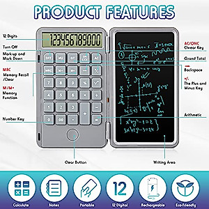Hion Calculators,12-Digit Large Display Rechargeable Pocket Office Desktop Calculator with Erasable Wiriting Tablet,Mute Basic Desk Calculators with Doodle Pad for Student Home School,Grey