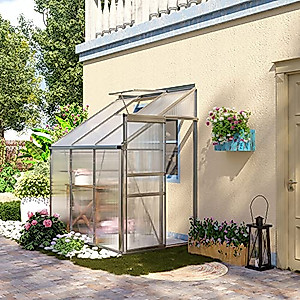 Outsunny 6' x 4' Aluminum Lean-to Greenhouse Polycarbonate Walk-in Garden Greenhouse with Adjustable Roof Vent, Rain Gutter and Sliding Door for Winter, Clear