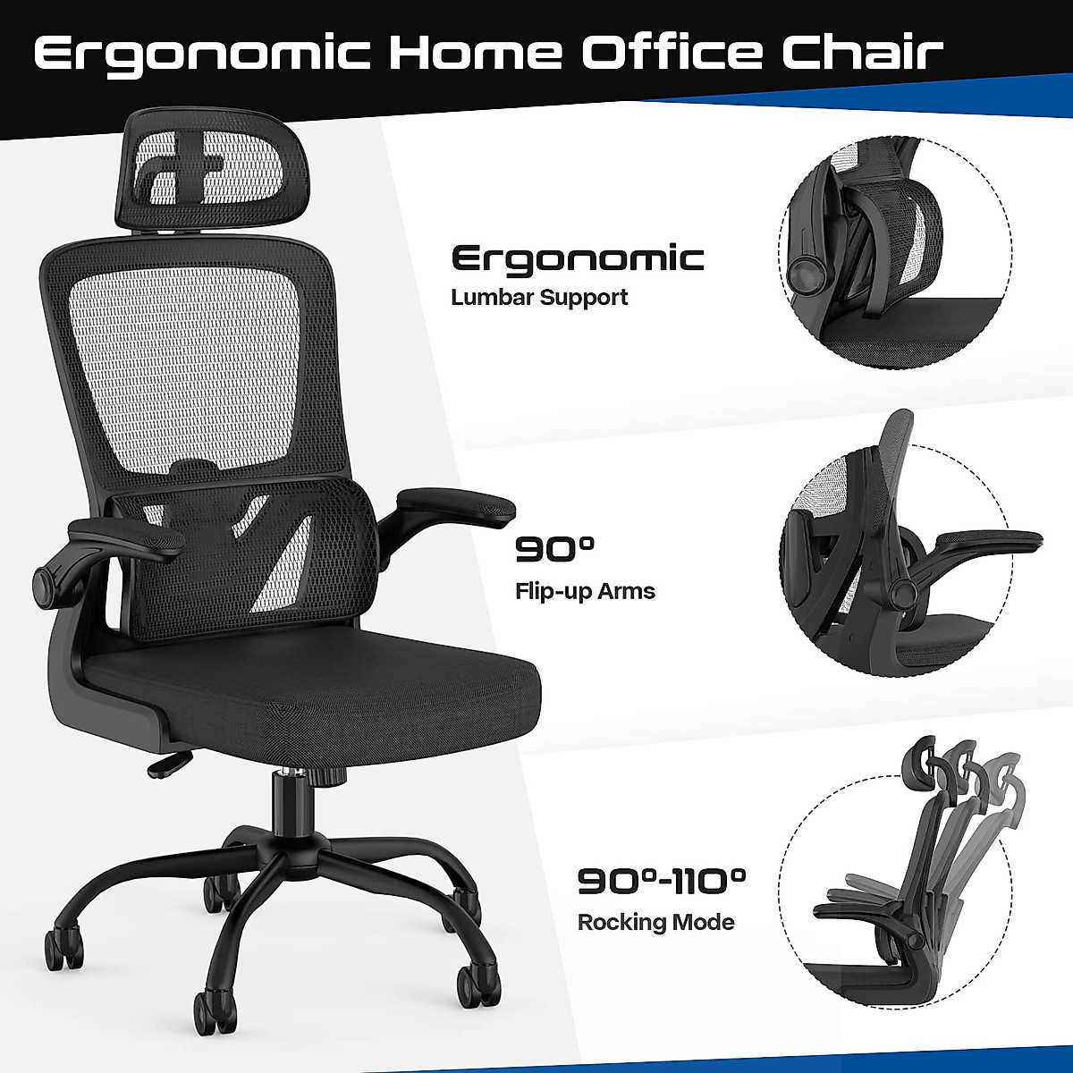 Laziiey Home Office Desk Chairs Ergonomic Chair with Lumbar Support Flip Up Arms Mesh Computer Chair with Comfortable Wide Seat Adjustable Headrest (Black)