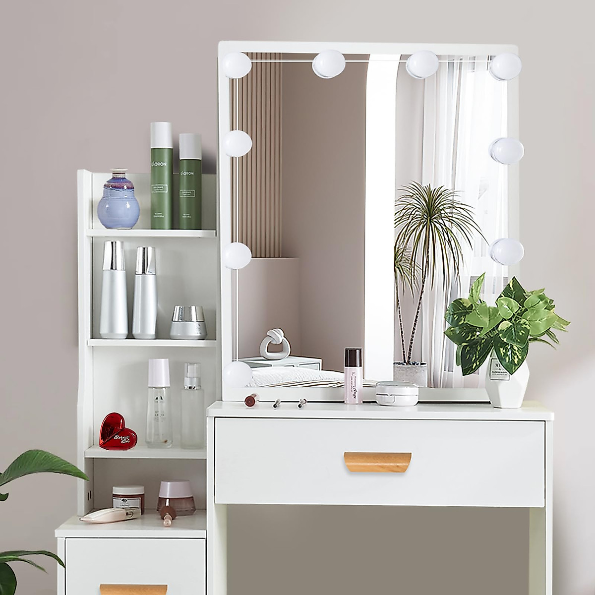 Makeup Vanity Table Set with Mirror and Lights, Vanity Desk with Power Strip, Dressing Table Set with 4 Large Drawers, White