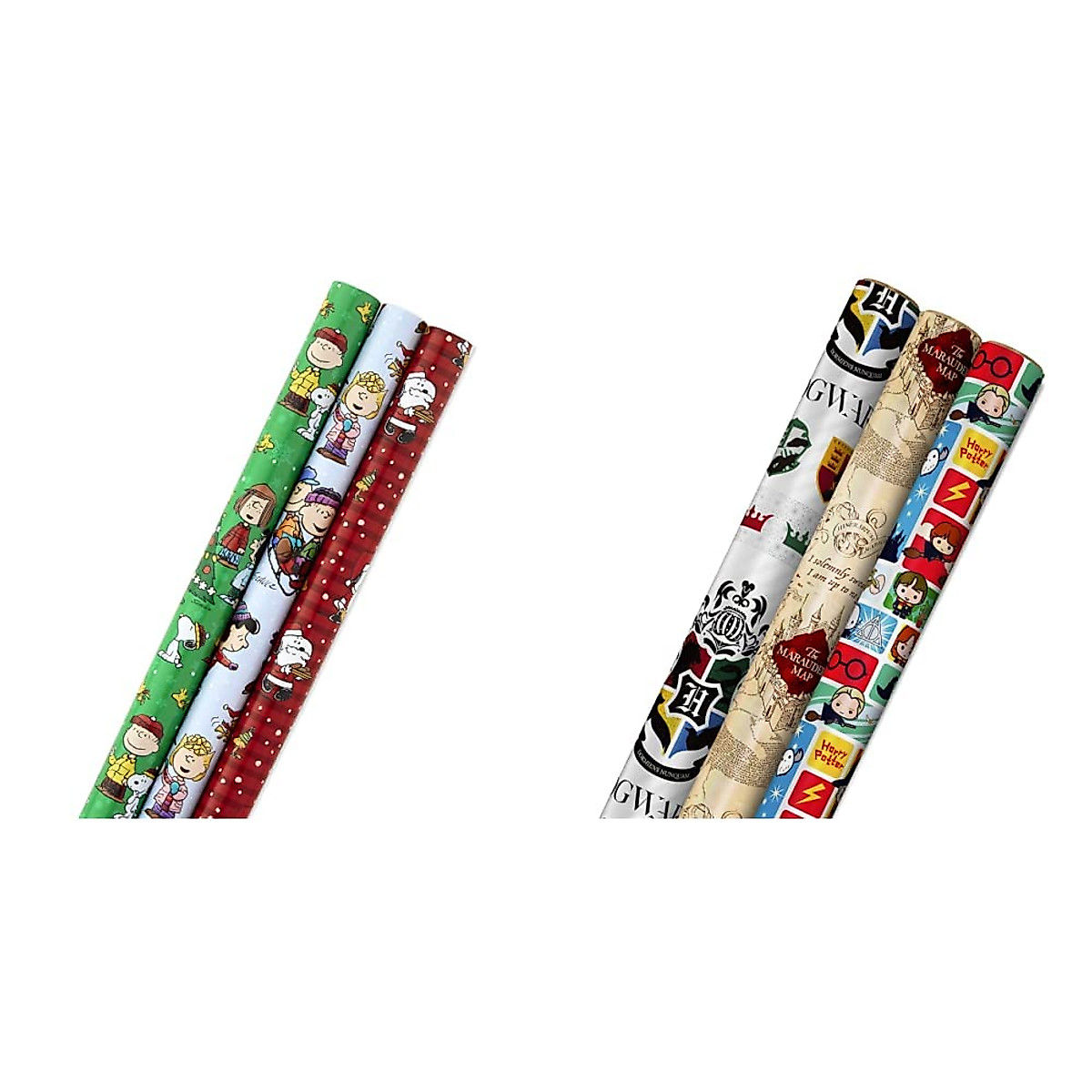 Hallmark Christmas Peanuts Wrapping Paper (Pack of 3, 105 sq. ft. ttl) Snoopy, Charlie Brown, Woodstock & Harry Potter Wrapping Paper with Cut Lines on Reverse