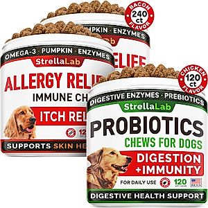 Allergy Relief + Probiotics for Dogs Bundle - Itchy Skin Treatment + Digestion&Gut Health - Omega 3&Pumpkin + Probiotics - Allergy&Anti Itch Support Supplement + Upset Stomach&Gas Relief - Made in USA