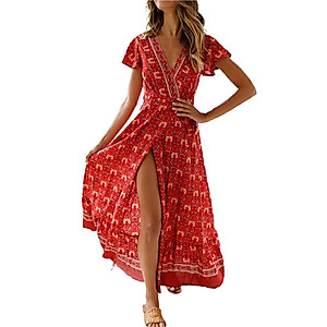 Casual Summer Dresses for Women 2023 Ladies Summer Casual V Neck Floral Print High Waist Belt Short Sleeve Hem Slit Wrap