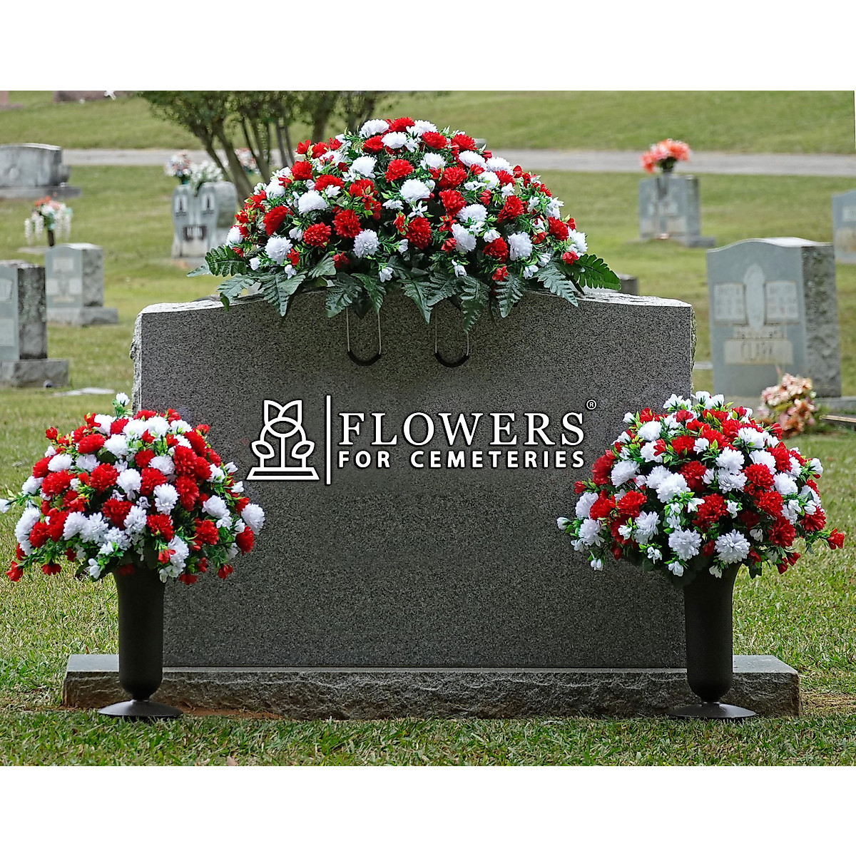 Sympathy Silks Artificial Cemetery Flowers - Grave Decorations Winter Memorial - Christmas Red and White Mums Saddle for Headstone