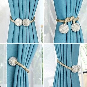 Fullgaden 2 Pcs Magnetic Curtain Tiebacks Convenient Drape Tie Backs Pearl Decorative Rope Holdback Holder for Small, Thin or Sheer Window Drapries, Light Blue
