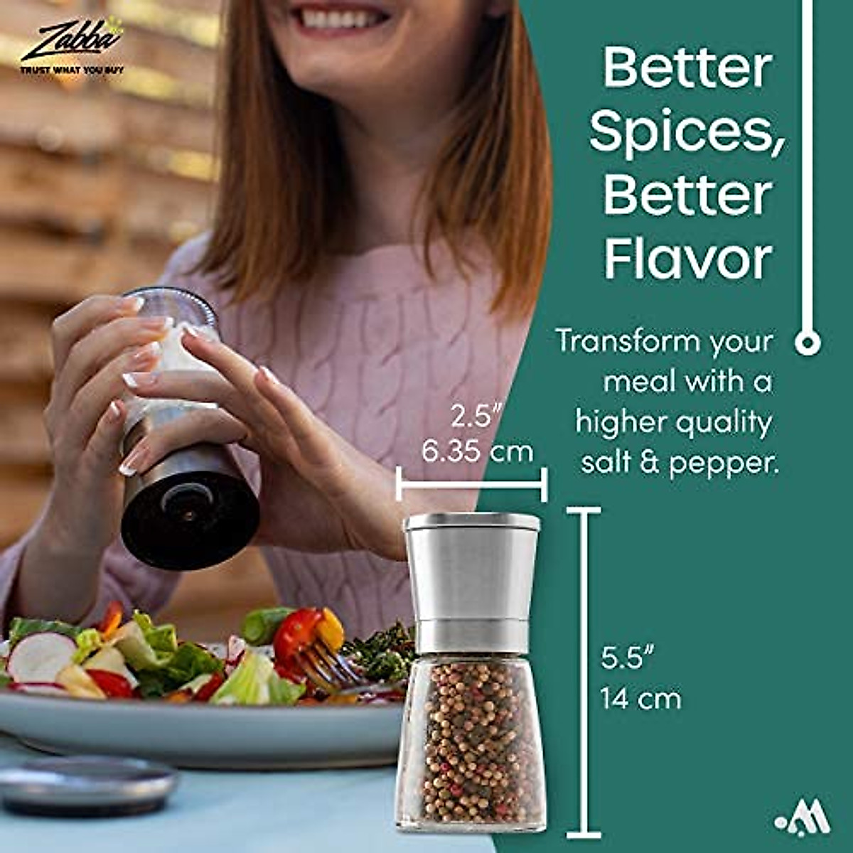 Modetro Salt and Pepper Shakers Set 6 oz Each Adjustable Coarseness Pepper Grinder Mill for Sea Salt Spice Stainless Steel Glass 2 Pack
