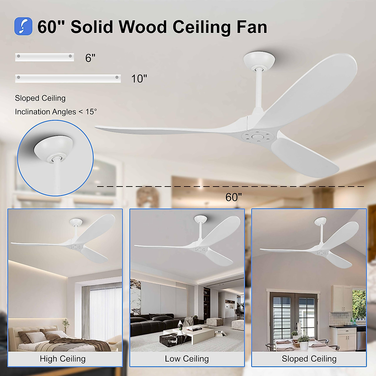 Swcita Large Ceiling Fans without Light, 60 Inch Modern Ceiling Fan with 3 Wood Blades, Noiseless Reversible DC Motor and Remote, for Outdoor Patios Indoor Bedroom Living Room Farmhouse, White