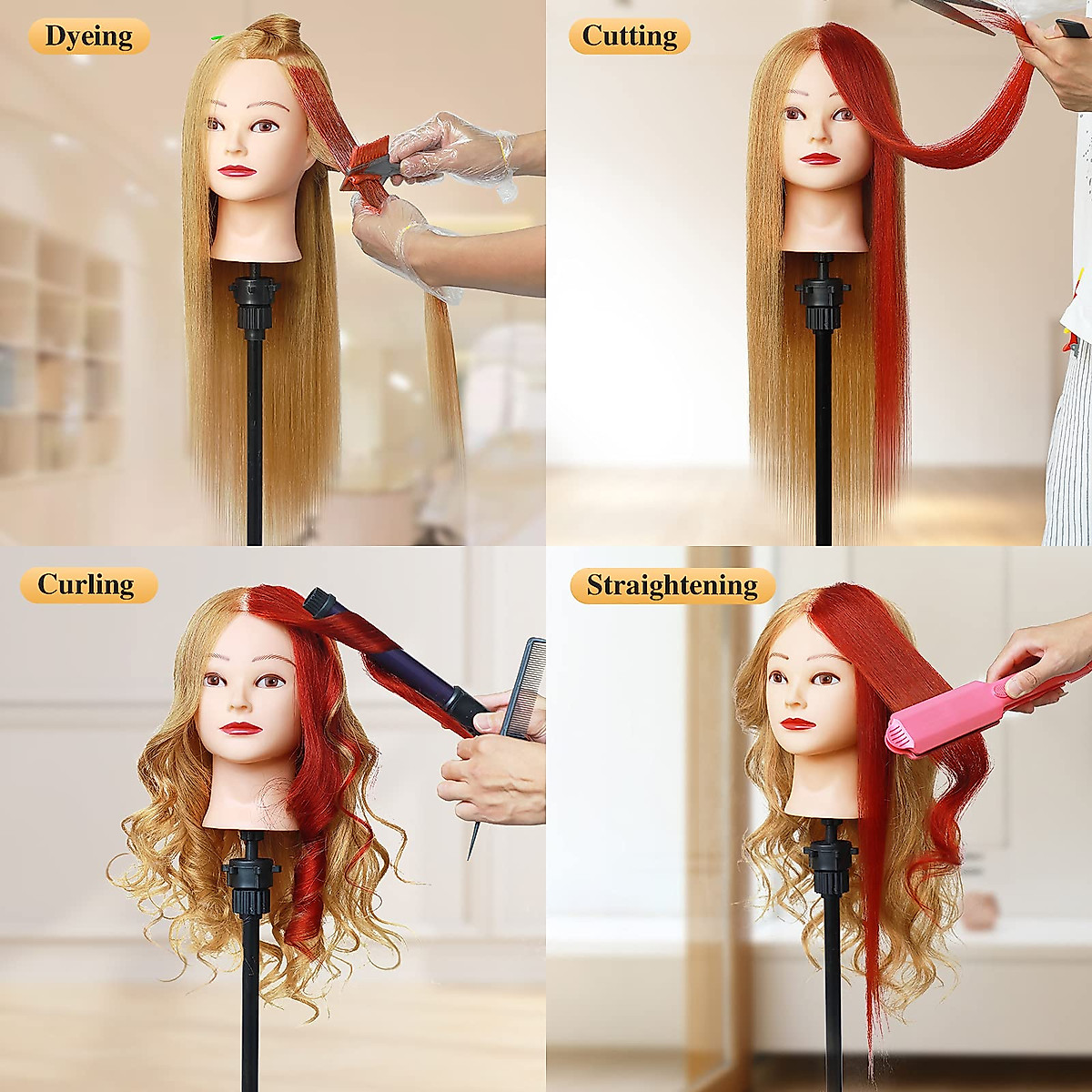 LNASI Mannequin Head 24-26 inch 100% human hair Styling Training Head Cosmetology Manikin Head Doll Head for Hairdresser with Free Clamp strawberry blonde