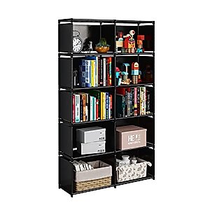 JIUYOTREE 6-Tiers Portable Bookshelf with Fabric Cloth at Back, 10 Cube Closet Storage Organizer Bookcase, Living Room,Study Room,Bedroom, Black