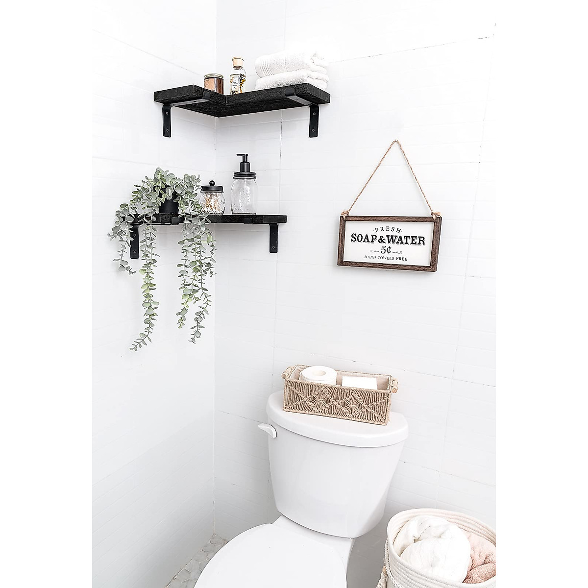 Mkono Corner Wall Shelves Rustic Wooden Floating Corner Shelves Display L Shapped Storage Organizer Displays for Home Living Room Barthroom Bedroom Office, Set of 2, Black