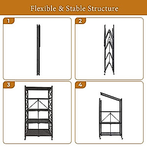 5-Tier Storage Shelves with Wheels, Heavy Duty Metal Shelf, Foldable Shelving Units, Storage Rack, Rolling Shelf No Assembly, Large Capacity Organizer Shelves for Garage Kitchen Warehouse Basement