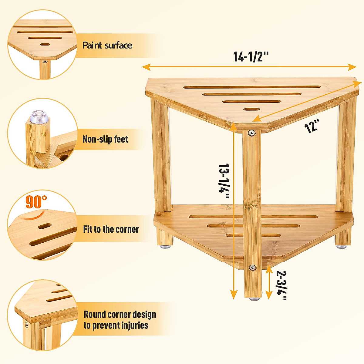 IBosins Corner Shower Stool Shower Foot Rest for Shaving Legs Small Shower Bench for Inside Shower to Sit on Bath Stool with Storage Shelf Shower Accesories (Bamboo Wood)