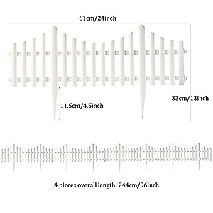 Sungmor Plastic White Edging Garden Picket Fence - Grass Lawn Flowerbed Plant Borders - Decorative Landscape Path Panels - 13in Tall, Pack of 4 (Overall Length 8 ft) - Lightweight & Easy Installation