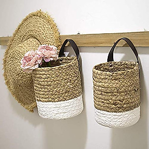 Goosacyon 2 Pack Seagrass Woven Hanging Basket Woven Wall Basket with Handle Rope Storage Basket Wicker Baskets for Plants Flower Clothes Home Decor