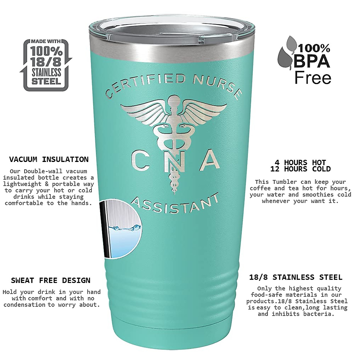 CNA Certified Nurse Assistant Gift on Seafoam 20 oz Stainless Steel Tumbler with Lid - Insulated Cup - Travel Mug