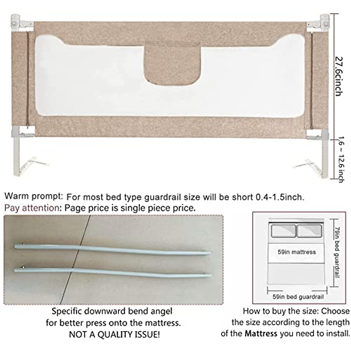 Bed Rails for Toddlers, Extra Tall Specially Designed for Twin, Full, Queen, King Size - Safety Bed Guard Rails for Kids (1 Side:78.74"(L) x27"(H), Khaki)