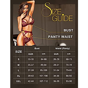 RSLOVE Women Lingerie Set Plus Size Lingerie for Women Lace Teddy Strap Babydoll Bodysuit with Garter Belts Wine Red S