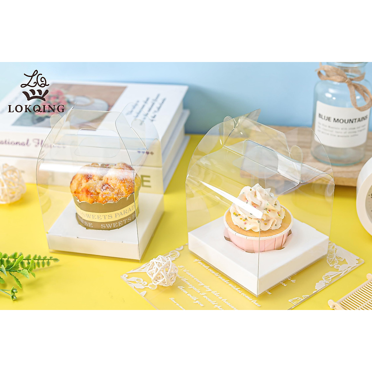 LOKQING 30 PCS Individual Cupcake Containers Single Cupcake Boxes with Handle and Inserts Clear Plastic Favor Boxes